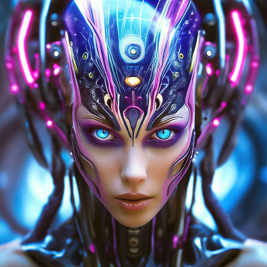 "Alien biomechanics robot with very expressive eyes, long smoke blue ...