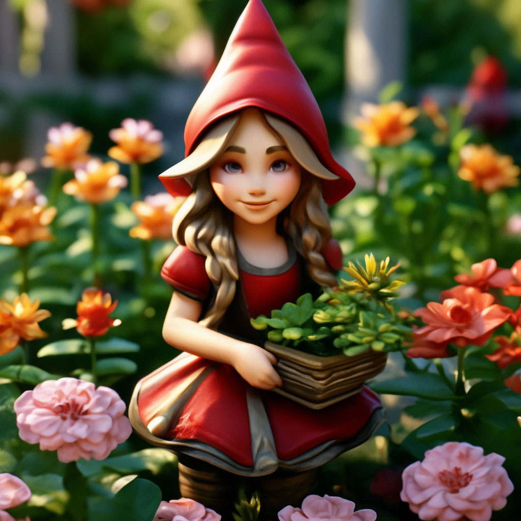 "Garden cartoon gnome girl in a beautiful flower bed with a host ...