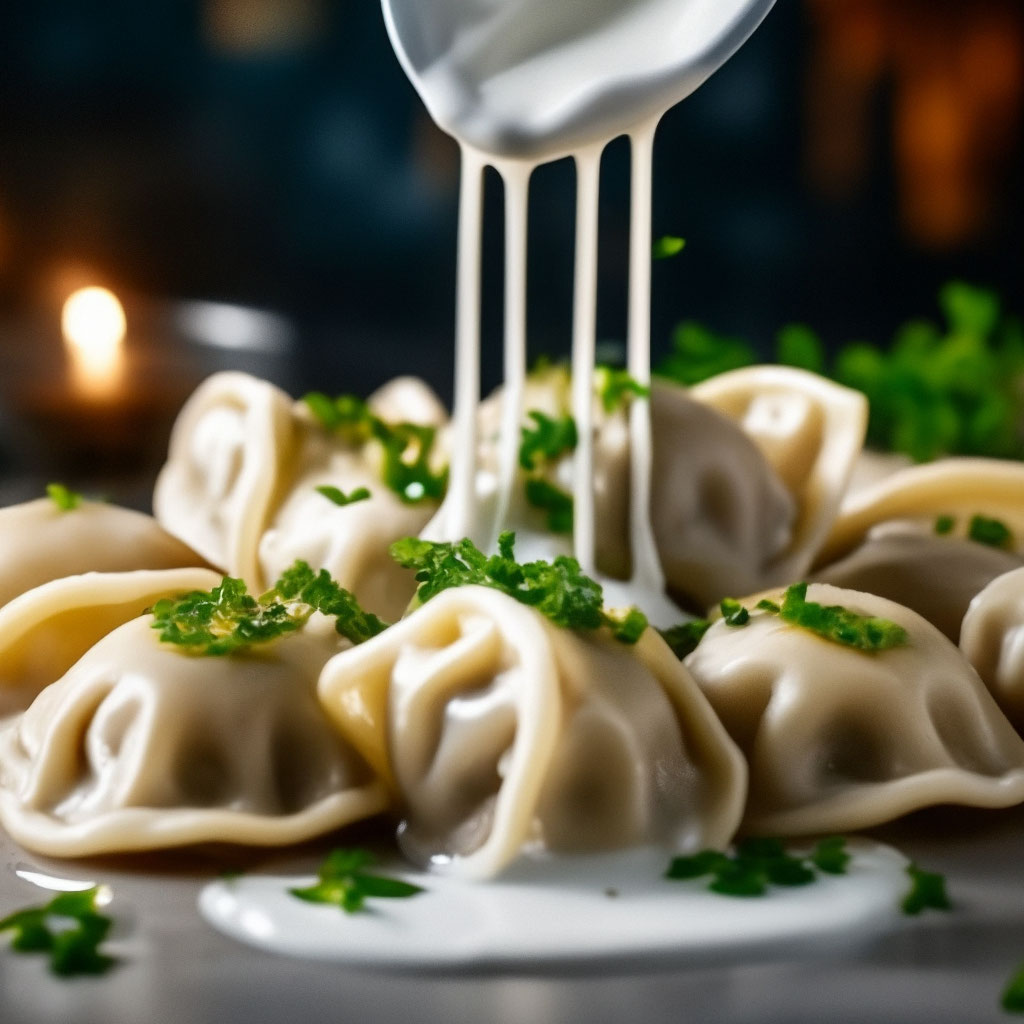 "Dumplings are poured with sour cream. filled with diamonds. sprinkled ...