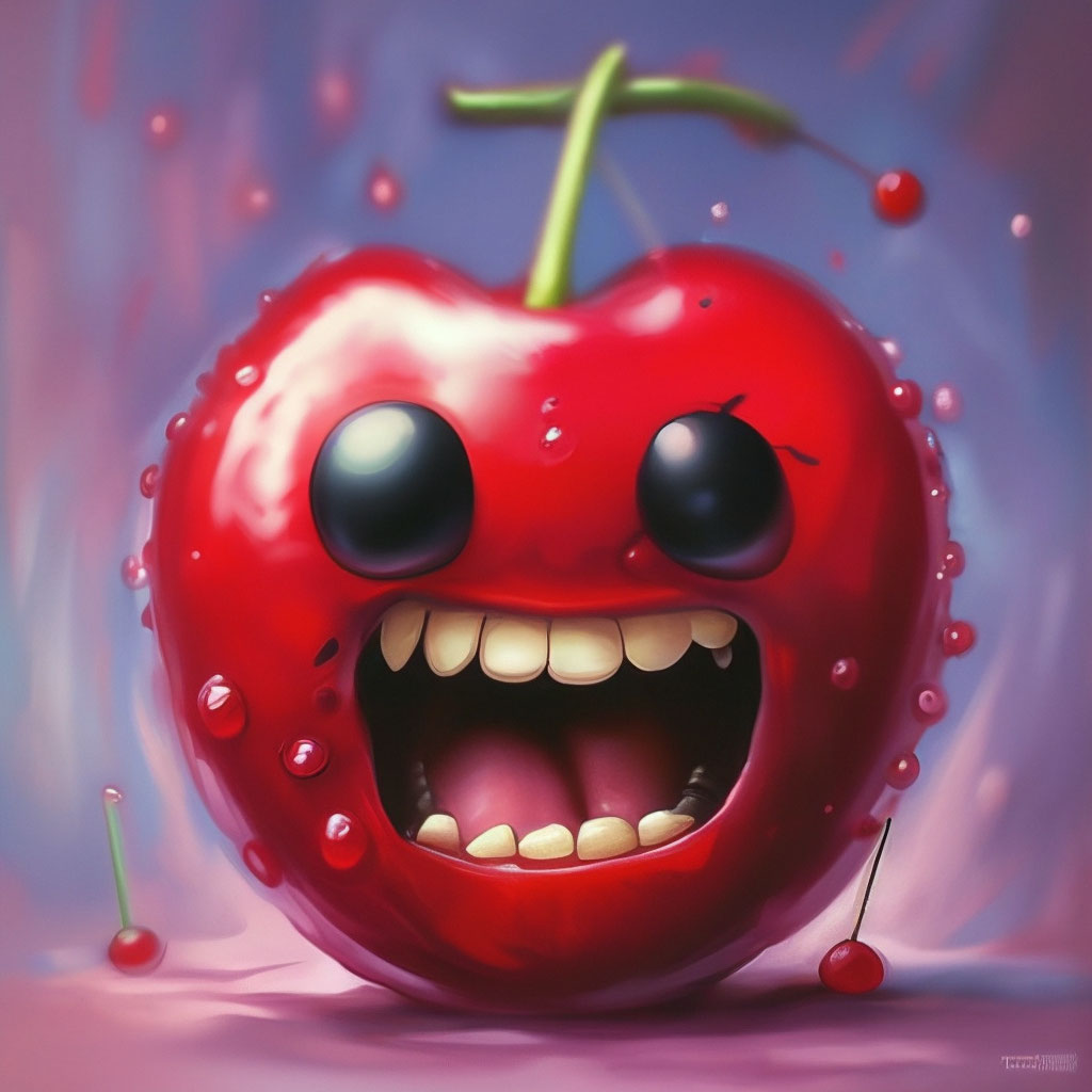 "Angry smiling cherry" — image created in Shedevrum