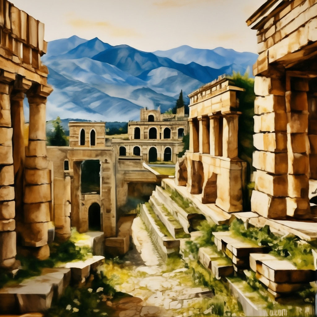 "Daub watercolor, ink, nervously, architecturisto, ancient Sparta ...