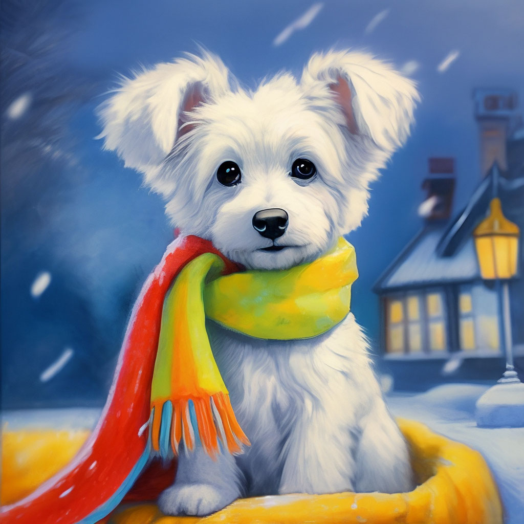" small white dog,bright scarf British animation,in the style of the ...
