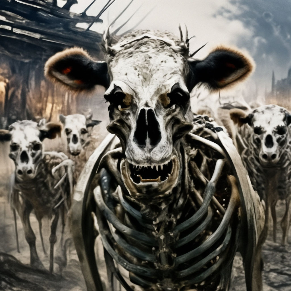 "Painted in watercolor in post-apocalyptic style: hybrid skeletons &cow ...