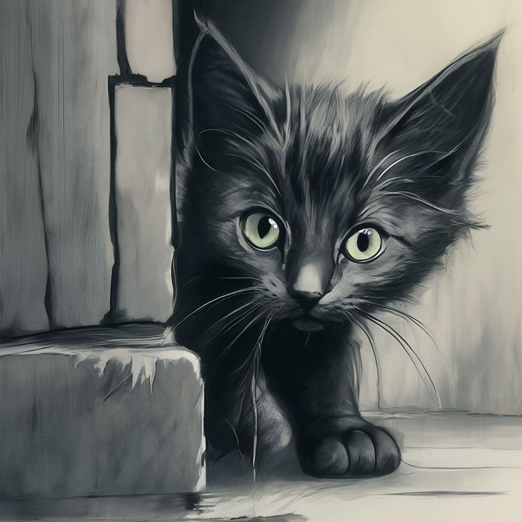 "Kitten smack , cartoon, disheveled scared black cat with thin paws ...