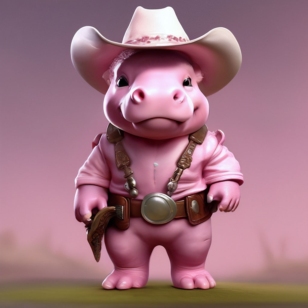 "Little pink hippo cowboy, cute, gentle, realism" — image created in ...