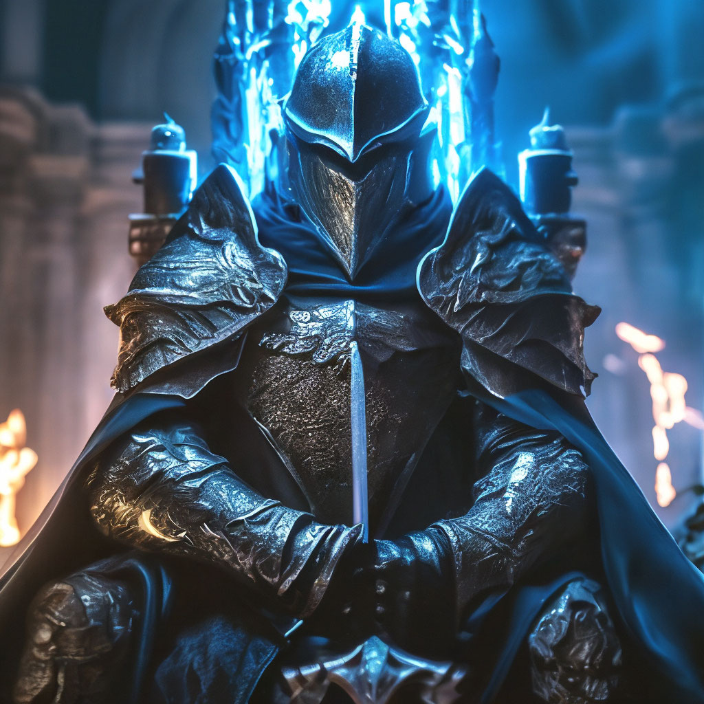 "King lich, in armor, helmet, glowing eyes, on the throne, sword in ...