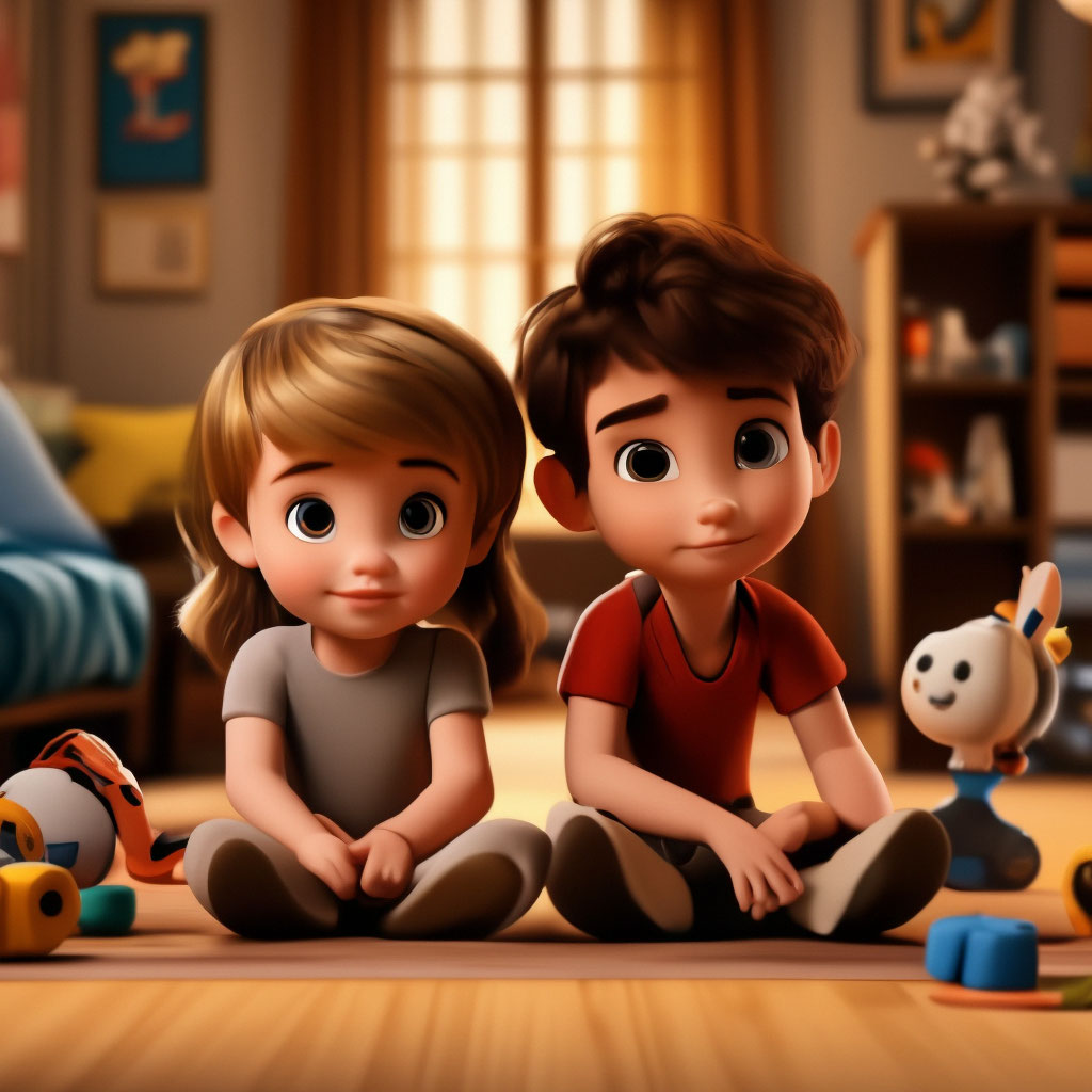 "Pixar style, children's room, a toddler boy and a toddler girl are ...