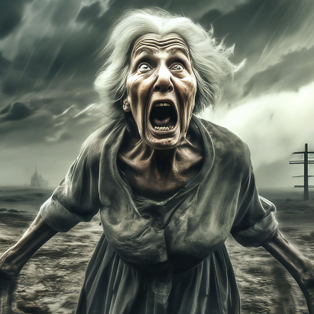 "An old decrepit grandmother screams, fear" — image created in Shedevrum