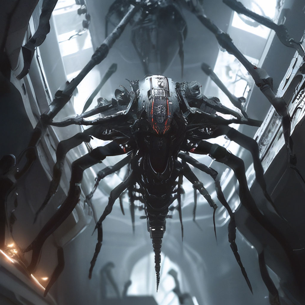 "Concept sketch art, cyber-arahnid-xenomorph sitting on the ceiling in ...