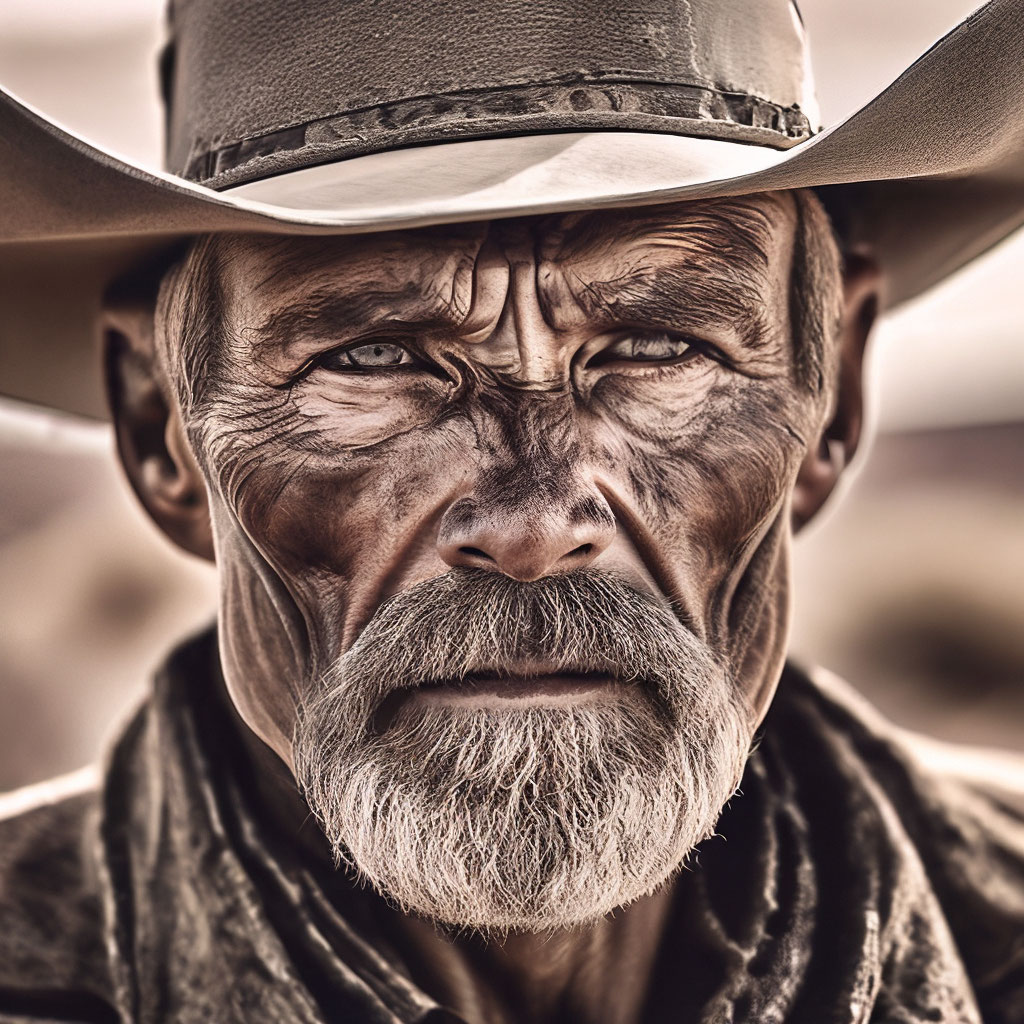 "Create a close-up illustration of a weathered cowboy's face, capturing ...