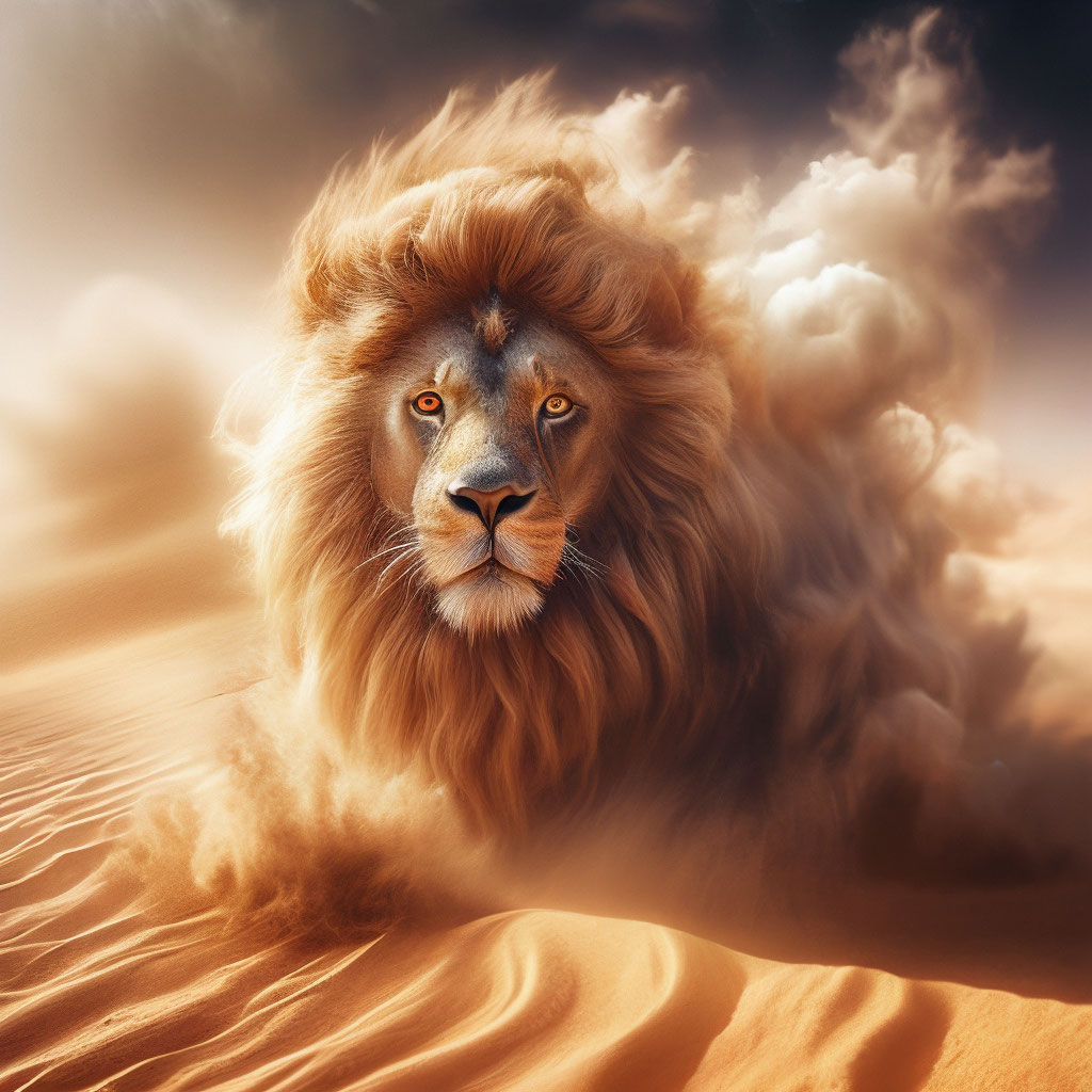 "🦁 multidimensional surreal desert landscape,dust storm,lion of dust ...