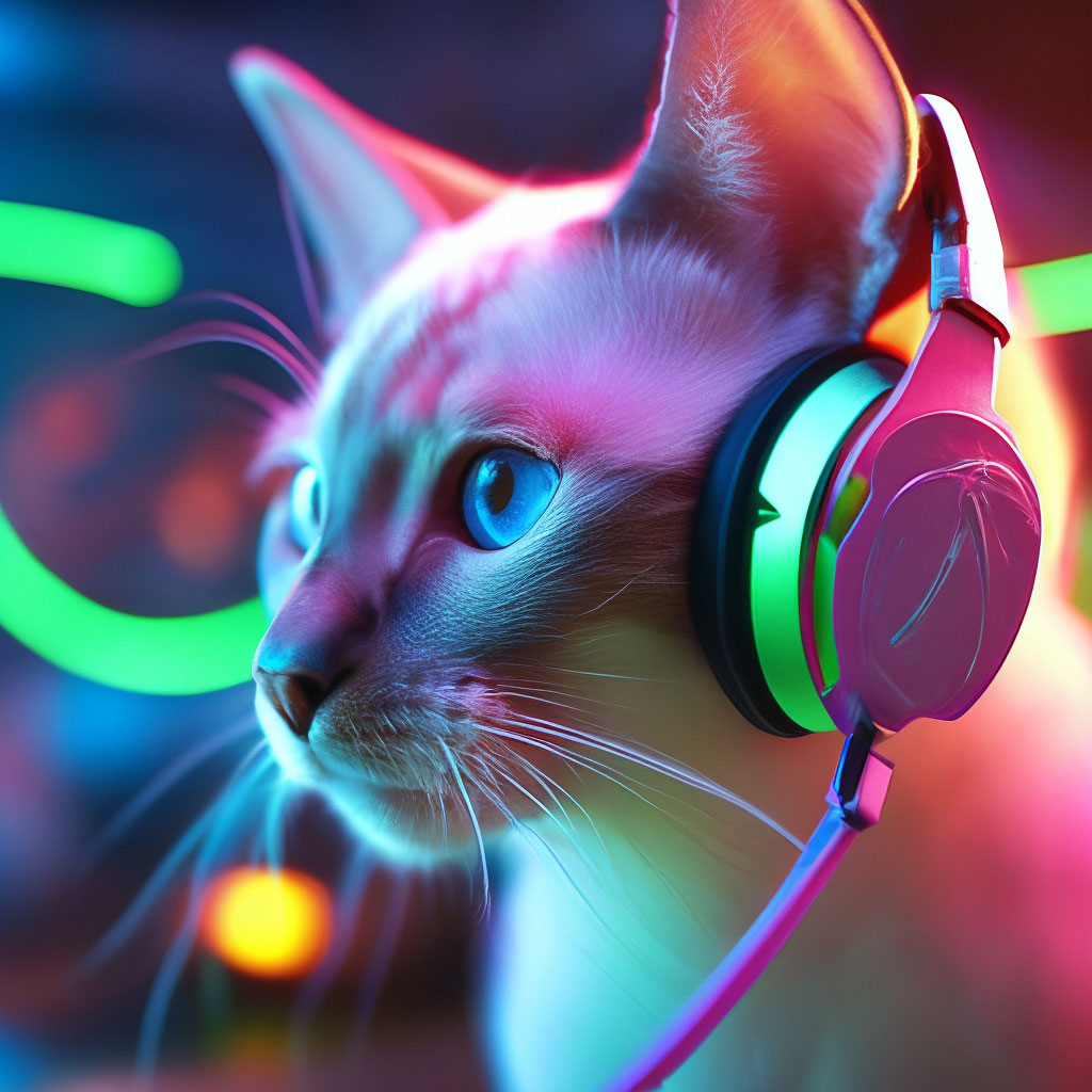 "Neon kitten with headphones close-up, professional photo, 4k, high ...