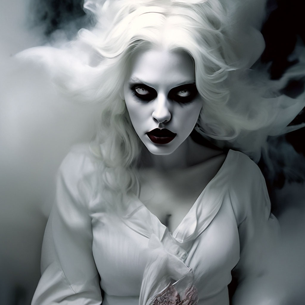 "Woman in white, plot, crazy look, white sclera,thick white smoke ...