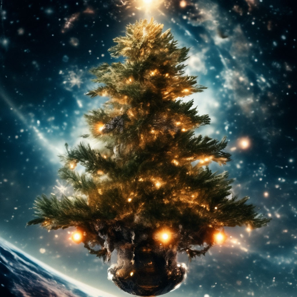 "Christmas tree in space" — image created in Shedevrum