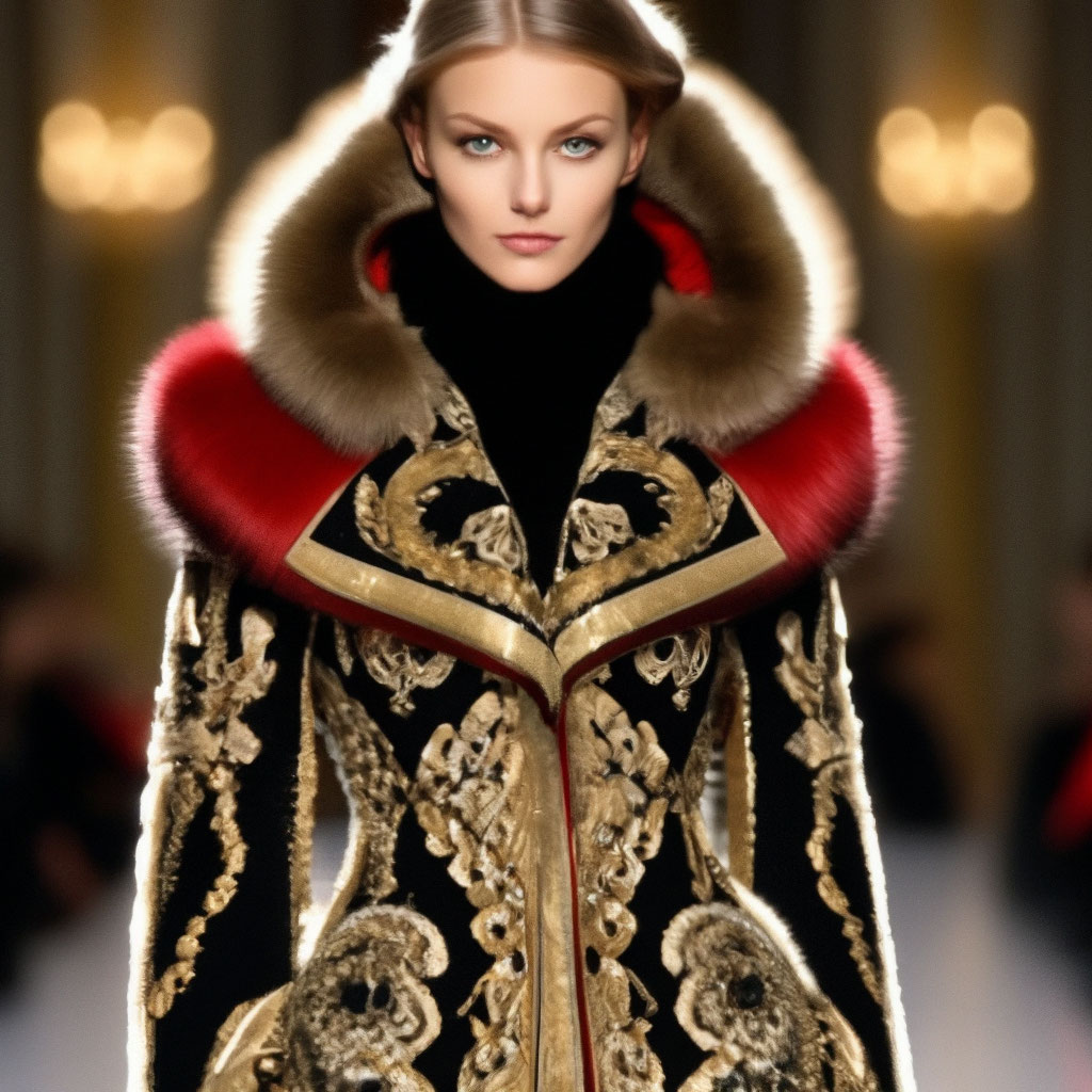 "Catwalk, show model in black-gold-red intricate attire, royal fur coat ...