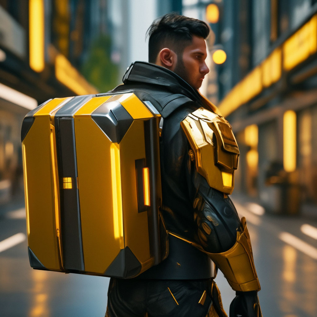 "Cyberpunk delivery courier + in golden armor + on a golden electric ...