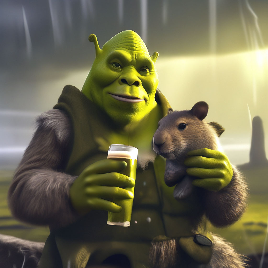 "Shrek holds a capybara in his hands while drinking beer" — image ...