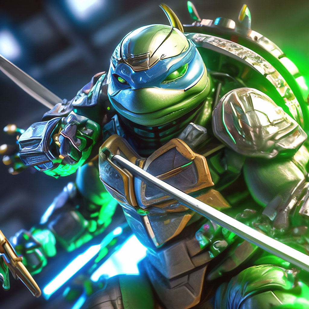 "Fully mechanical Leonardo ninja turtle, blued mechanisms, green eyes ...