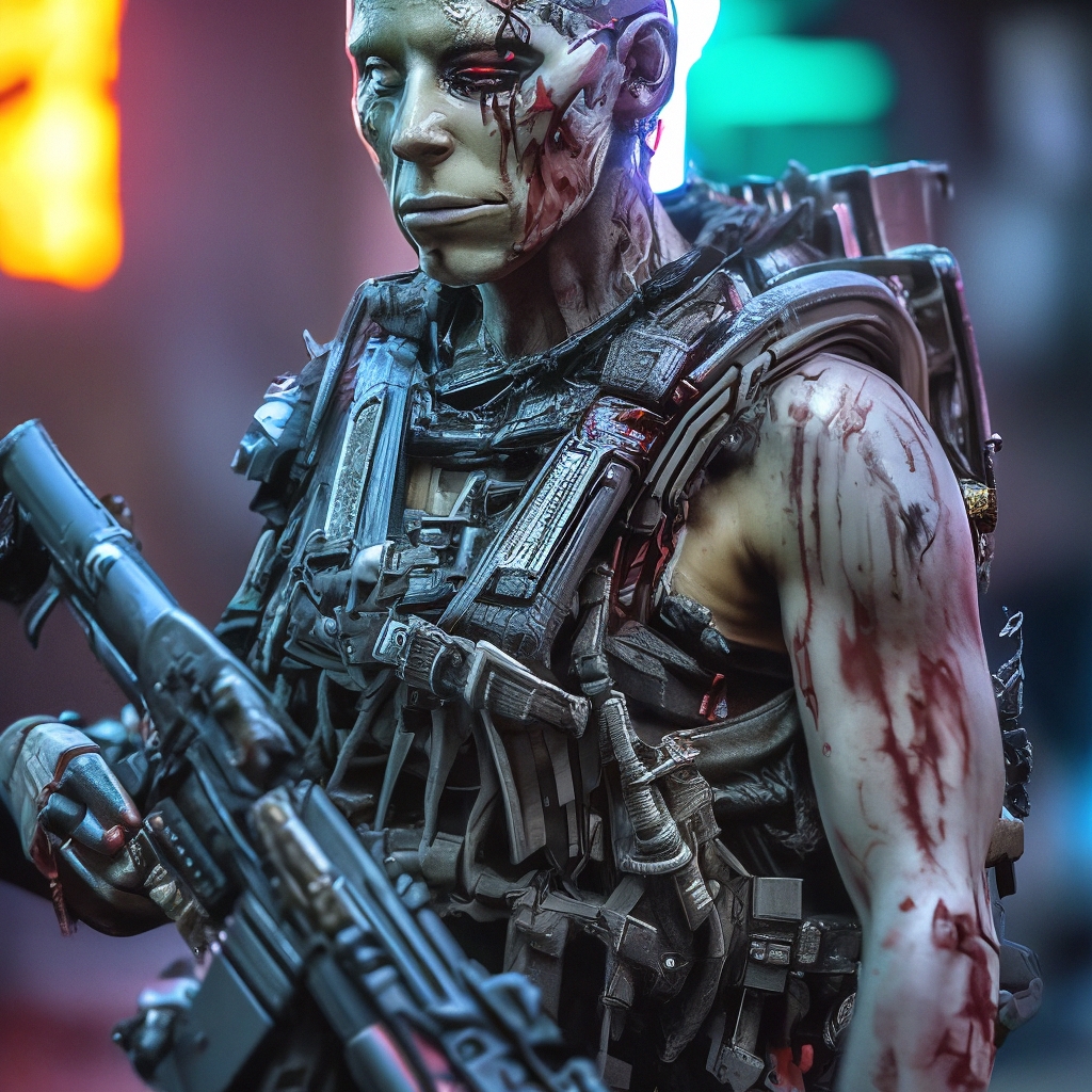 "Zombie Cyborg posing in full height, with weapons at the ready, gray ...
