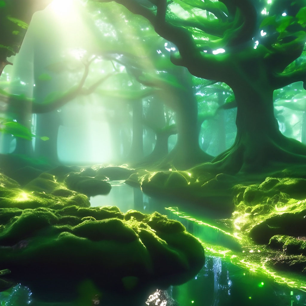 "Ghostly translucent oak, futuristic shimmering forest rivers, gentle ...