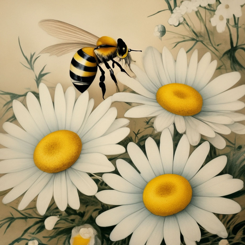"Japanese traditional painting,pale pastel tones,chamomile and bee ...