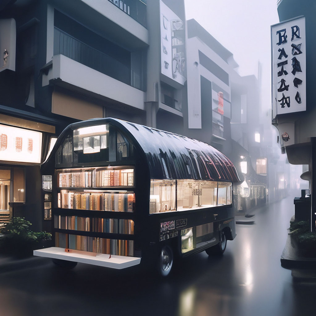"A bookstore on wheels (bus with a counter) on a bustling city street ...