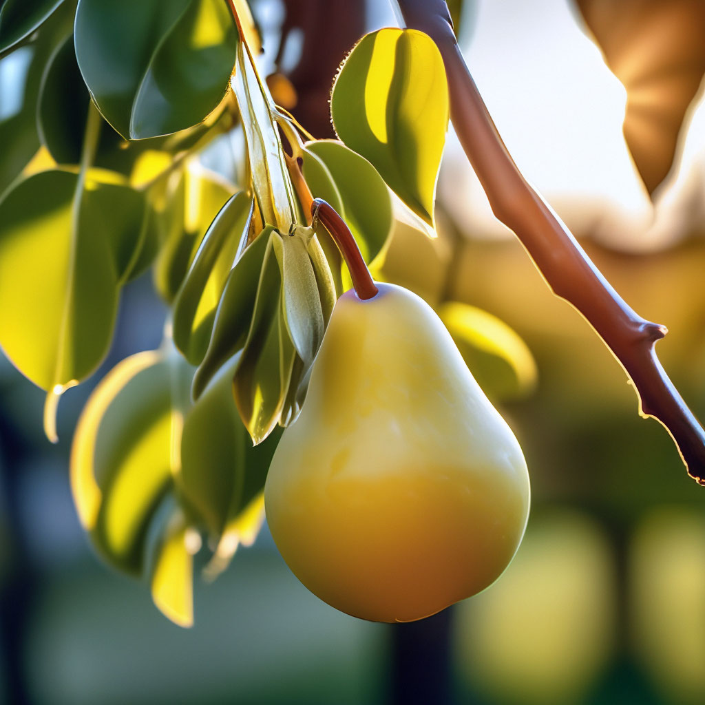 "A pear tree is hanging on a branch, the sun is shining, hyper ...
