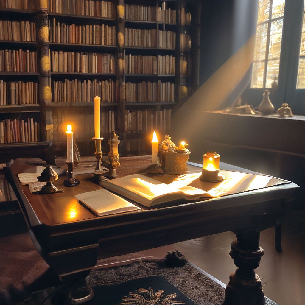 "A desk in a dark, black library room,the light from a candle standing ...