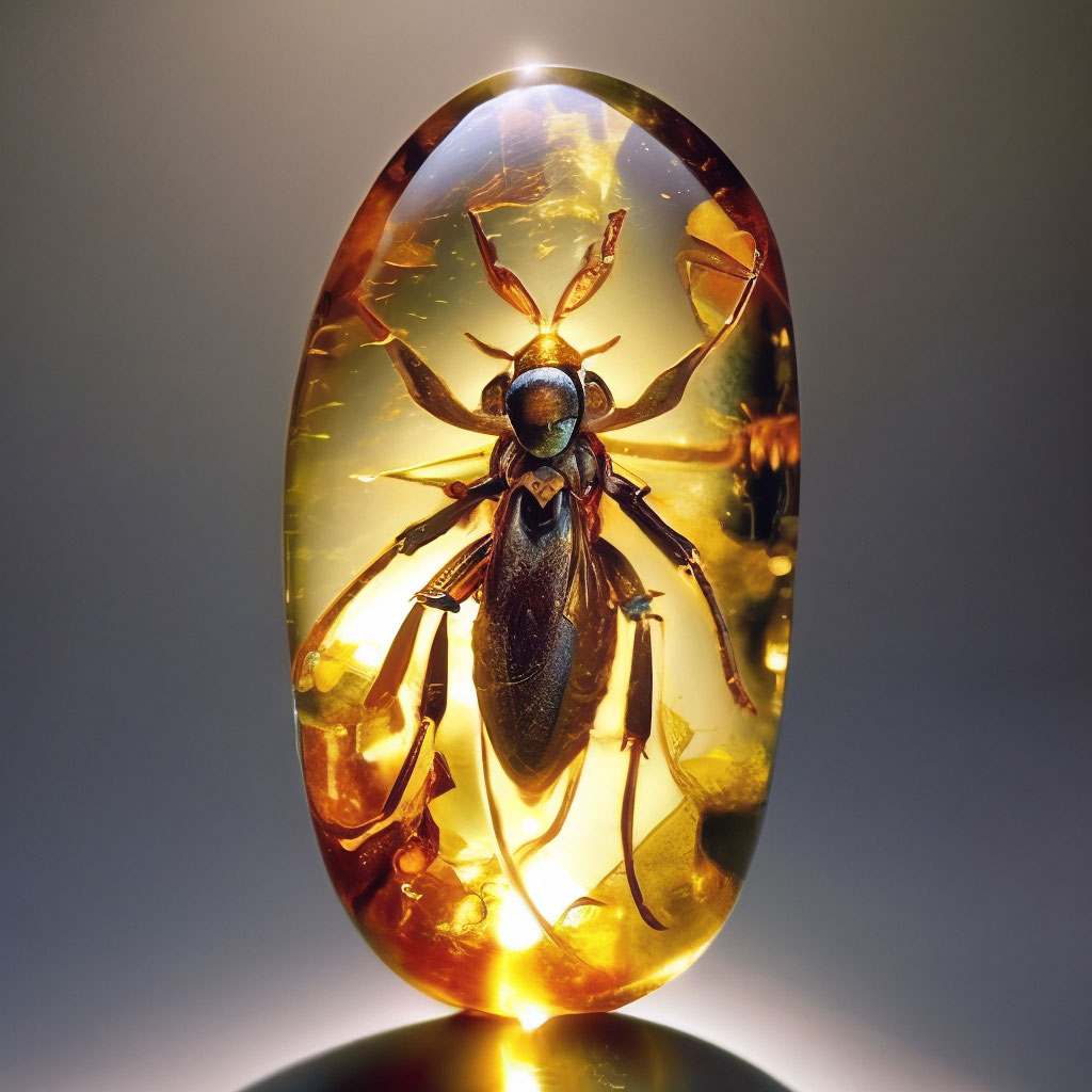 "Ancient amber with a fantastic insect inside, in the rays of light ...