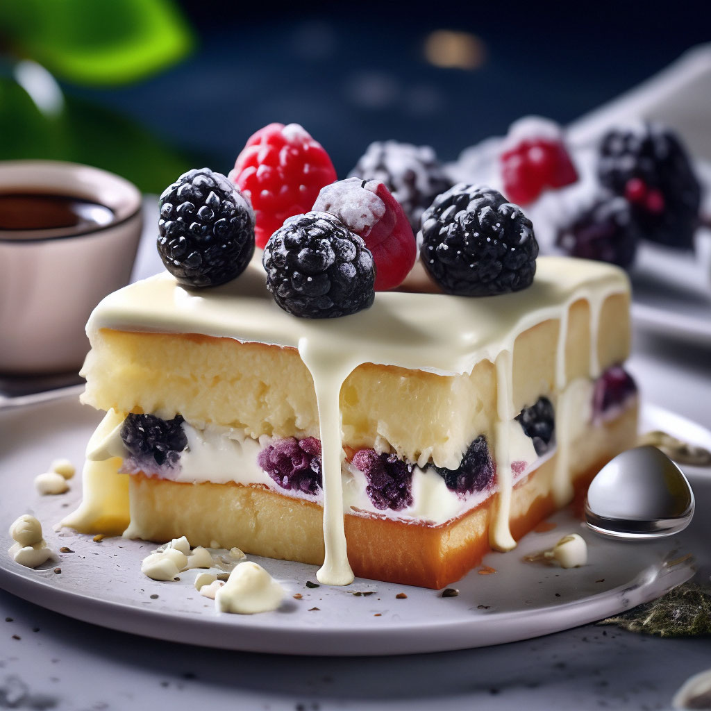 "Cake, layer of whipped cream, with blackberries, poured with white ...