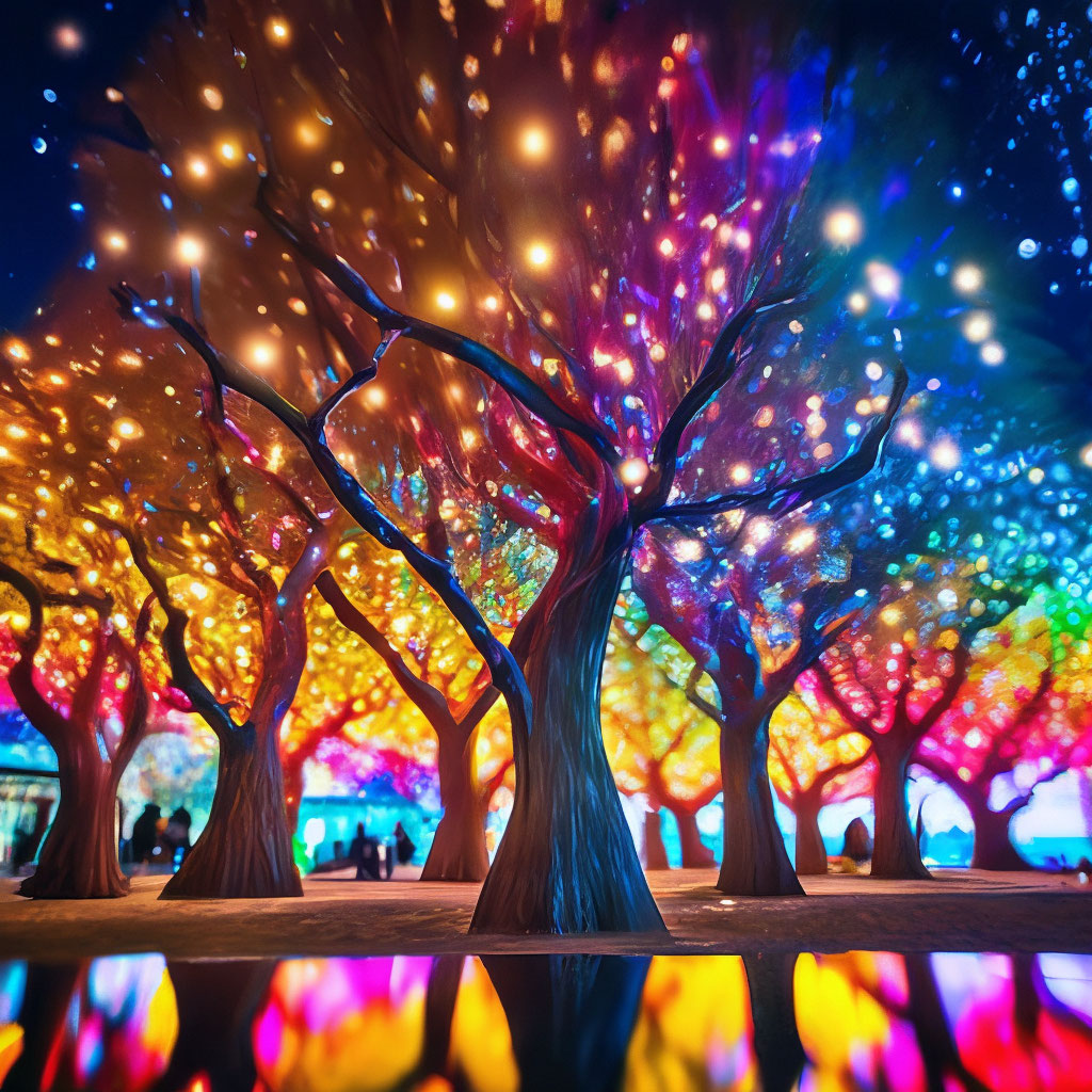 "Dancing trees, lots of splashes and sparkles, bright, colorful ...