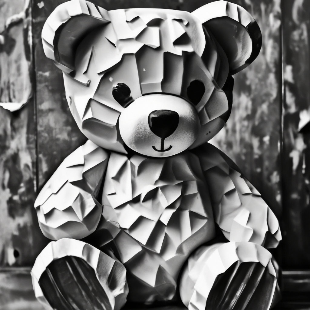 "A teddy bear made of plaster, sharp strokes with a palette knife ...