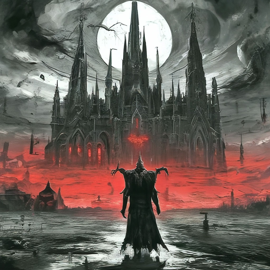 "Ugly incubus, cath_edral, night and field background, horror,gothic ...