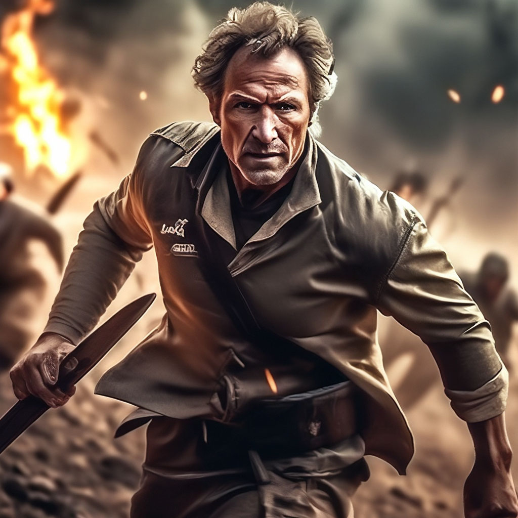 "Charismatic middle-aged man, running into battle to meet the enemies ...