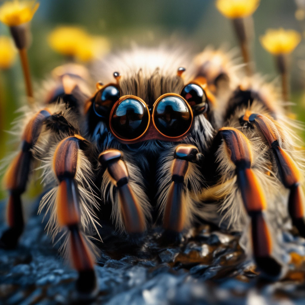 "Cute fluffy tarantula with big eyes, cartoon style, on dandelions ...