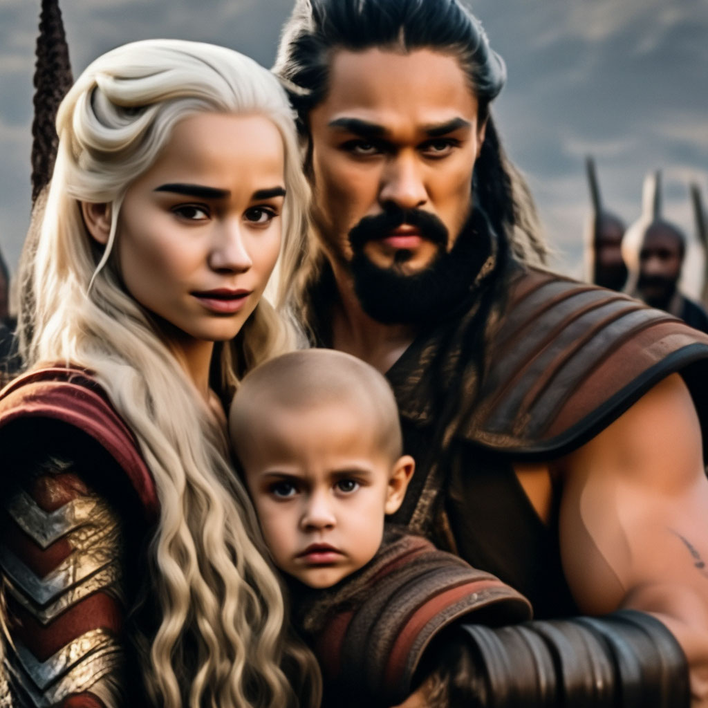 "Khal Drogo is happy, Daenerys Targaryen is standing next to him, also ...