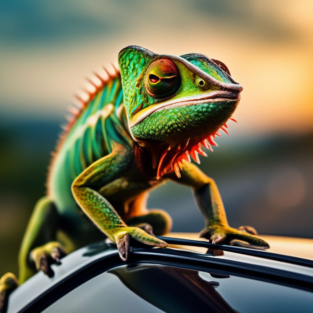 "Chameleon laughs on the roof of a traveling car" — image created in ...