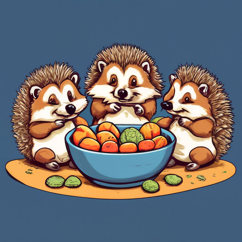 "Three cartoon hedgehogs eating from a bowl" — image created in Shedevrum
