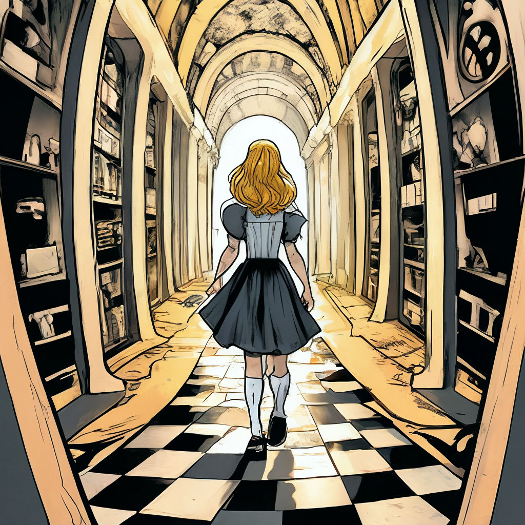 "Alice through the Looking Glass sketch, black and honey colors, pale ...