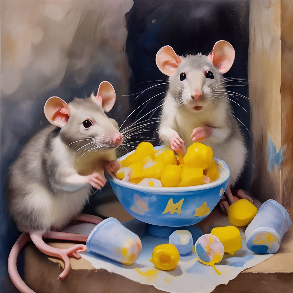 "Rats are playing the gouache surprise game" — image created in Shedevrum