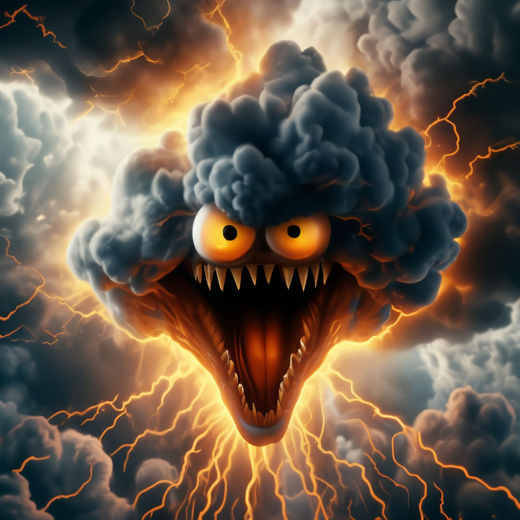 "Thundercloud, eyes, mouth, hands in the form of lightning, cartoon ...