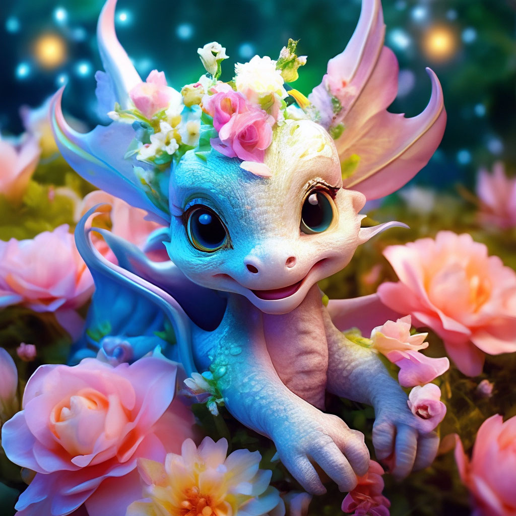 "Baby, symbiosis of flowers and a dragon smiles and flutters over ...