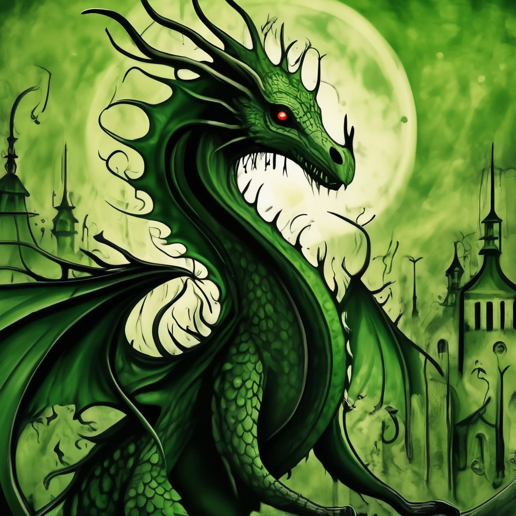 "Green creep dragon in the style of Tim Burton, surrealism, ink drawing ...