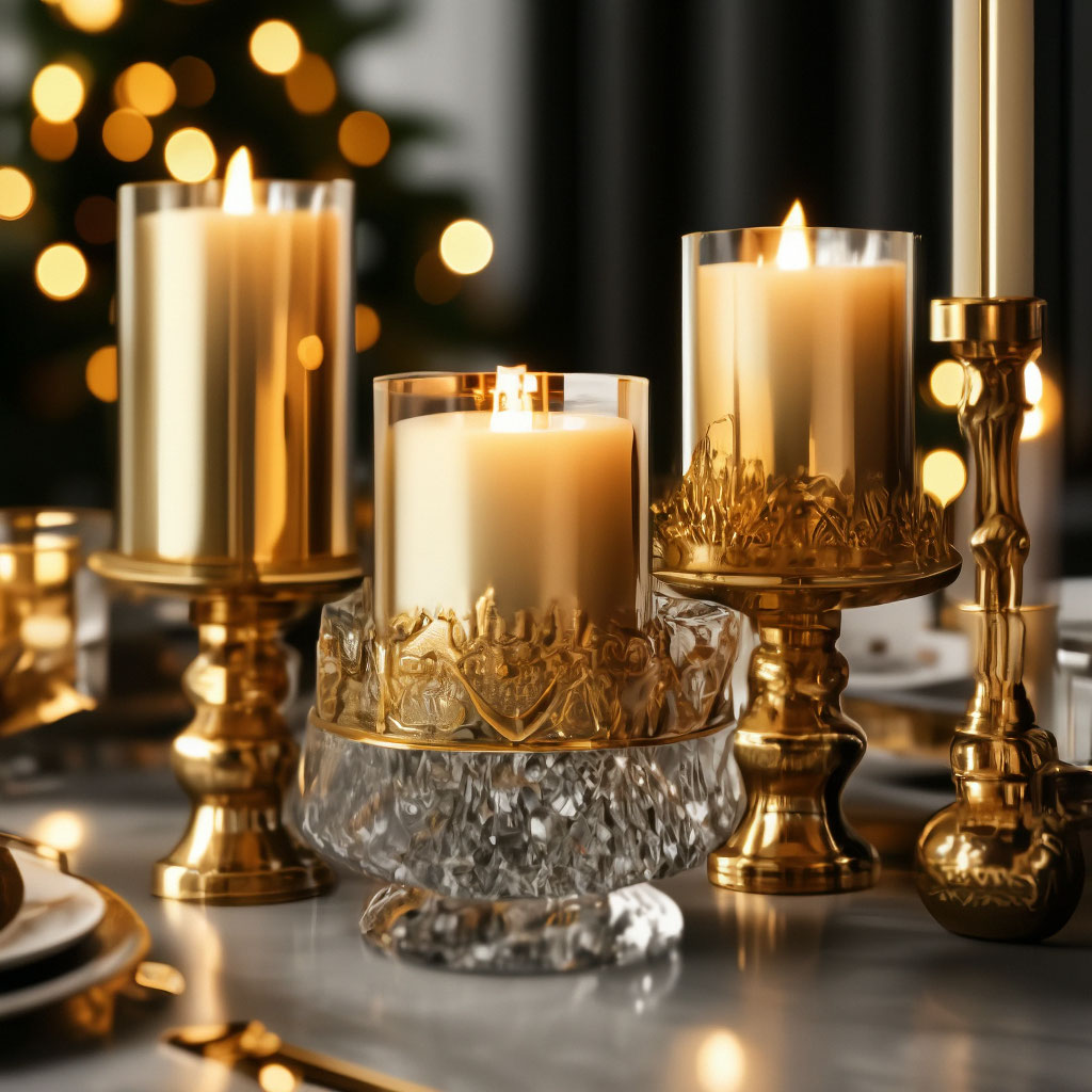 "Crystal gold candles photorealism table christmas" — image created in ...