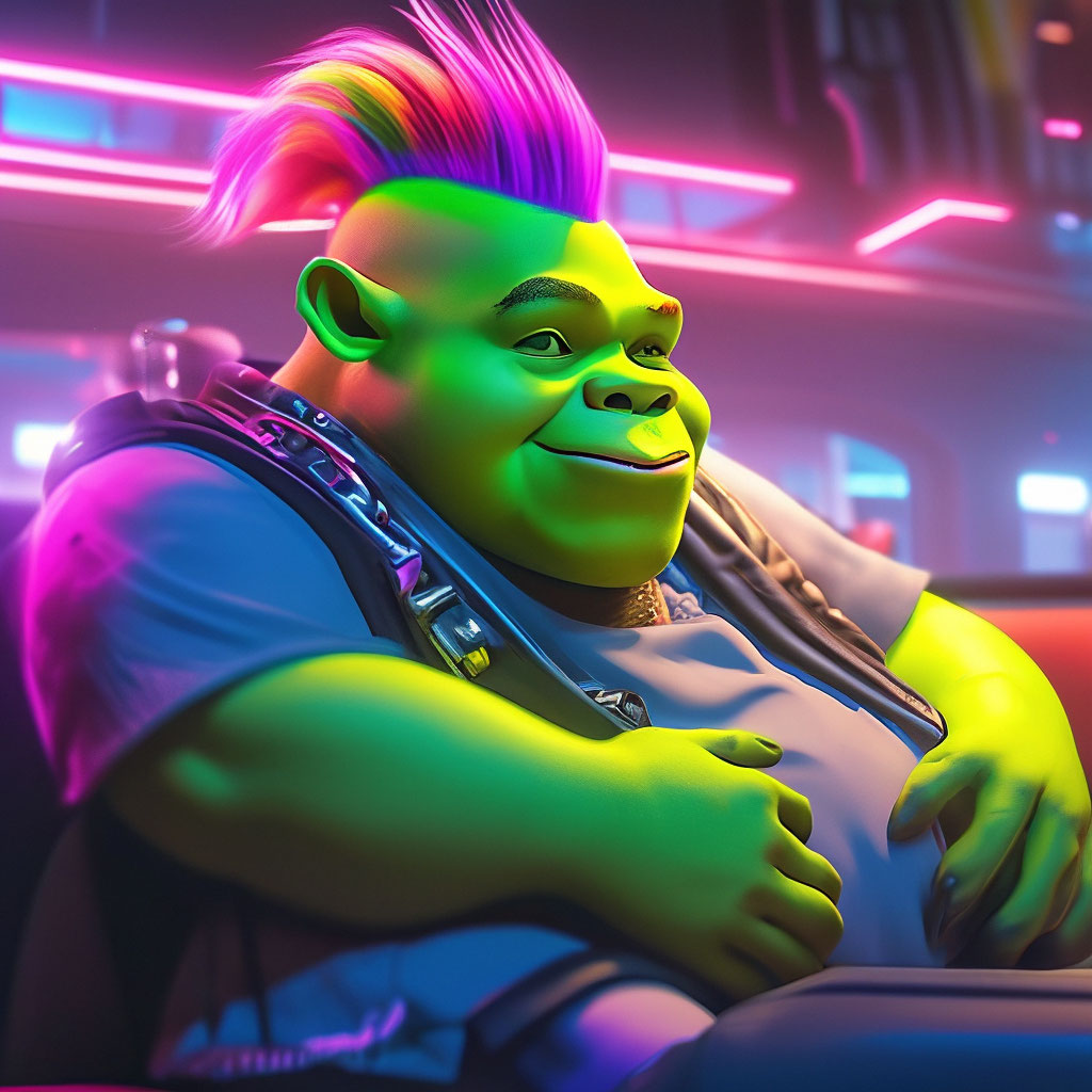 "Fat Shrek, close-up, rainbow hair in mohawk (sitting on the sofa) in ...
