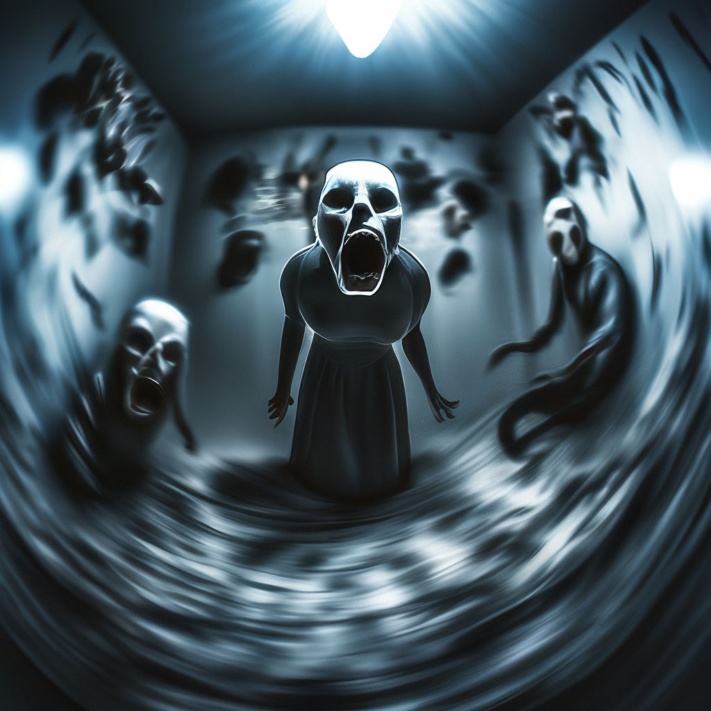"Scary dream, distorted faces, room, dark tones, surrealism, horror ...