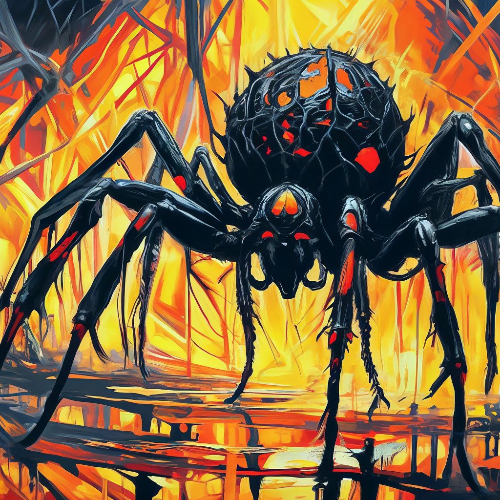"A creature of darkness. spider. Black-orange and yellow tones. Creepy ...