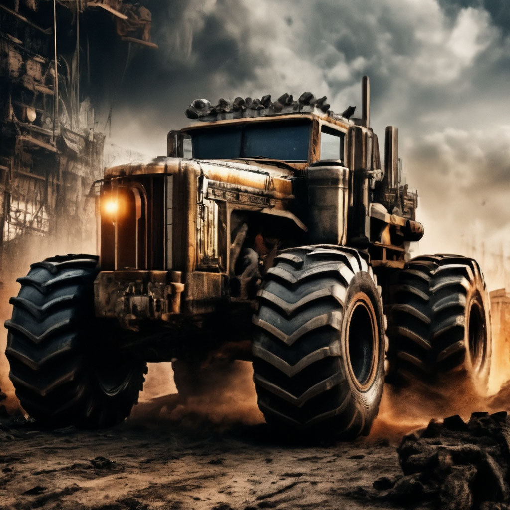 "Monster truck , huge , bulldozer in post - apocalypse , black smoke ...