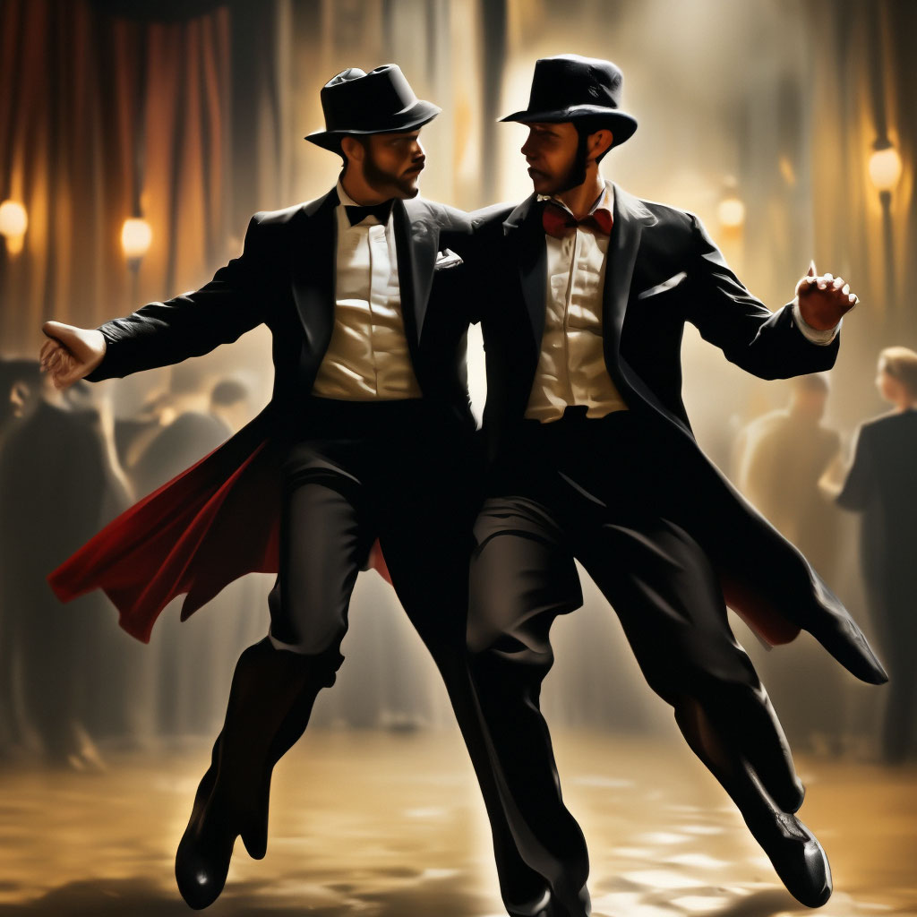 "Ah, vaudeville...Two guys dancing step" — image created in Shedevrum