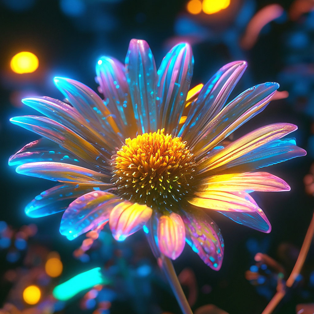 "Single bioluminescent chamomile flower on a black background 5D HDR 5D ...